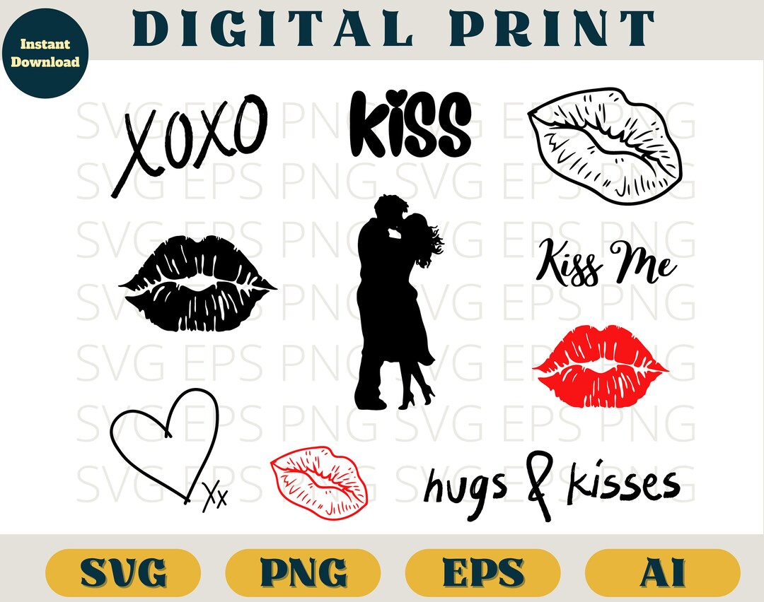Romantic Couple, Hug and Kiss, Kiss Svg, Kiss Clipart, Kiss Png, Lips ...