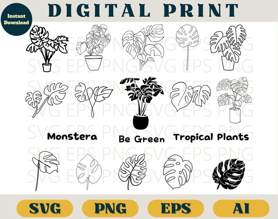 Monstera Bundle, Monstera Leaf Print, Svg Eps Png AI, Tropical Plants ...