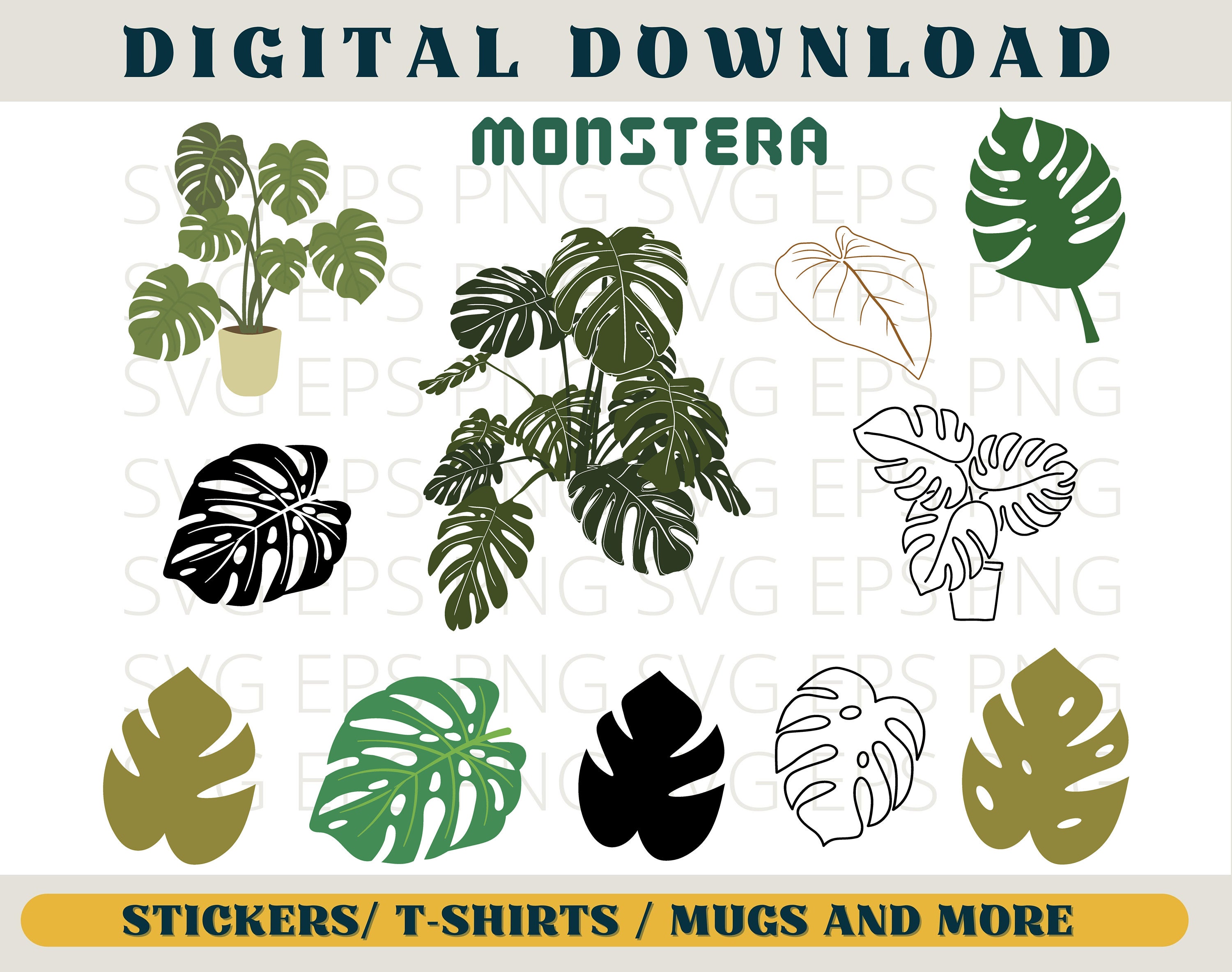 Monstera Bundle, Monstera Leaf Print, Svg Eps Png AI, Tropical Plants ...