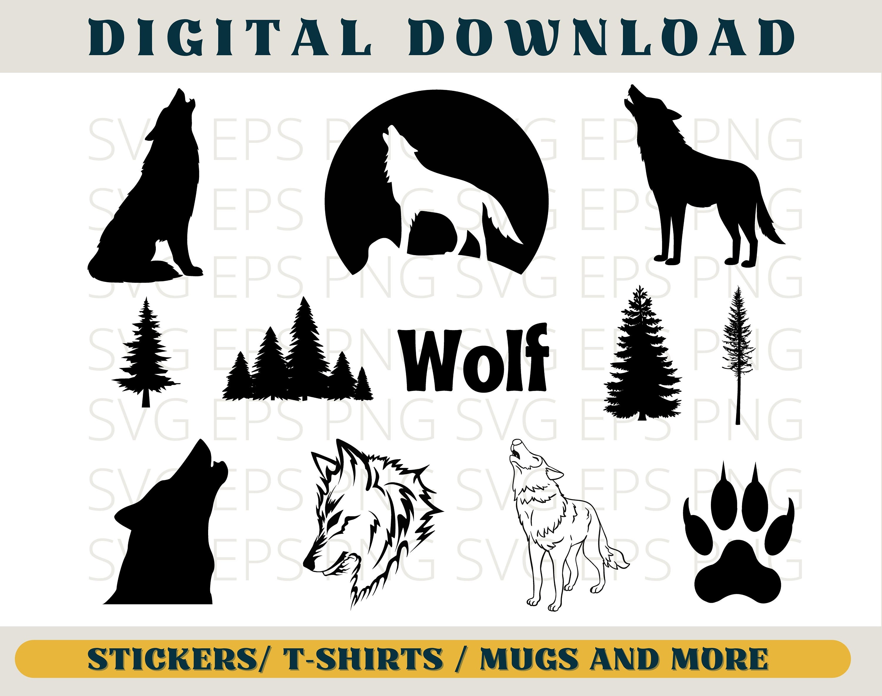 Wolf Clipart, Wolf Svg, Wolf Silhouette, Wolf Print, Pine Tree Svg ...
