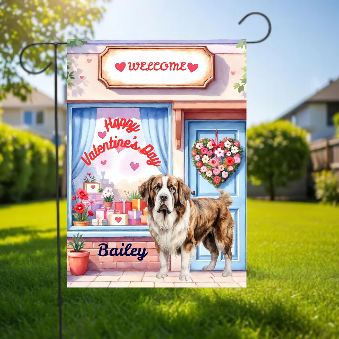 St. Bernard Personalized Valentines Day Garden Flag, Custom Dog Name ...