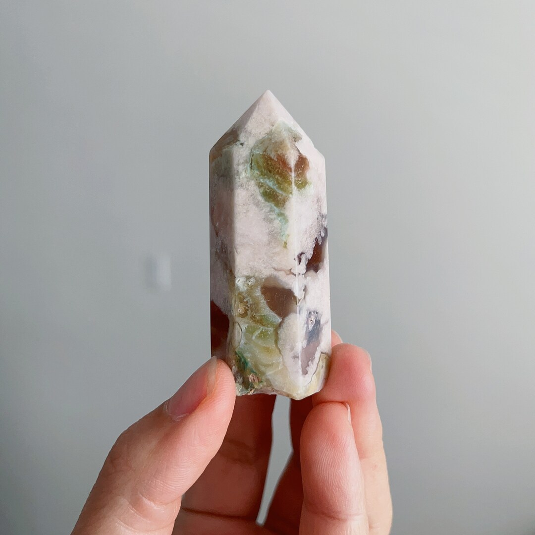 Green Flower Agate Crystal Tower Point - Madagascar Sakura Agate - Etsy