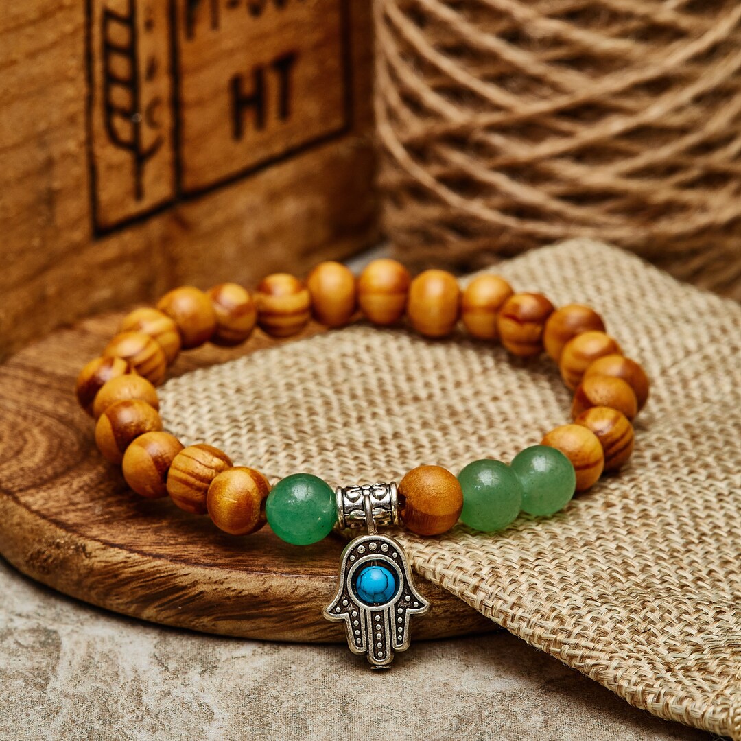 Jade Hamsa Hand Hand of Fatima Miriam and Natural Wood Bead - Etsy
