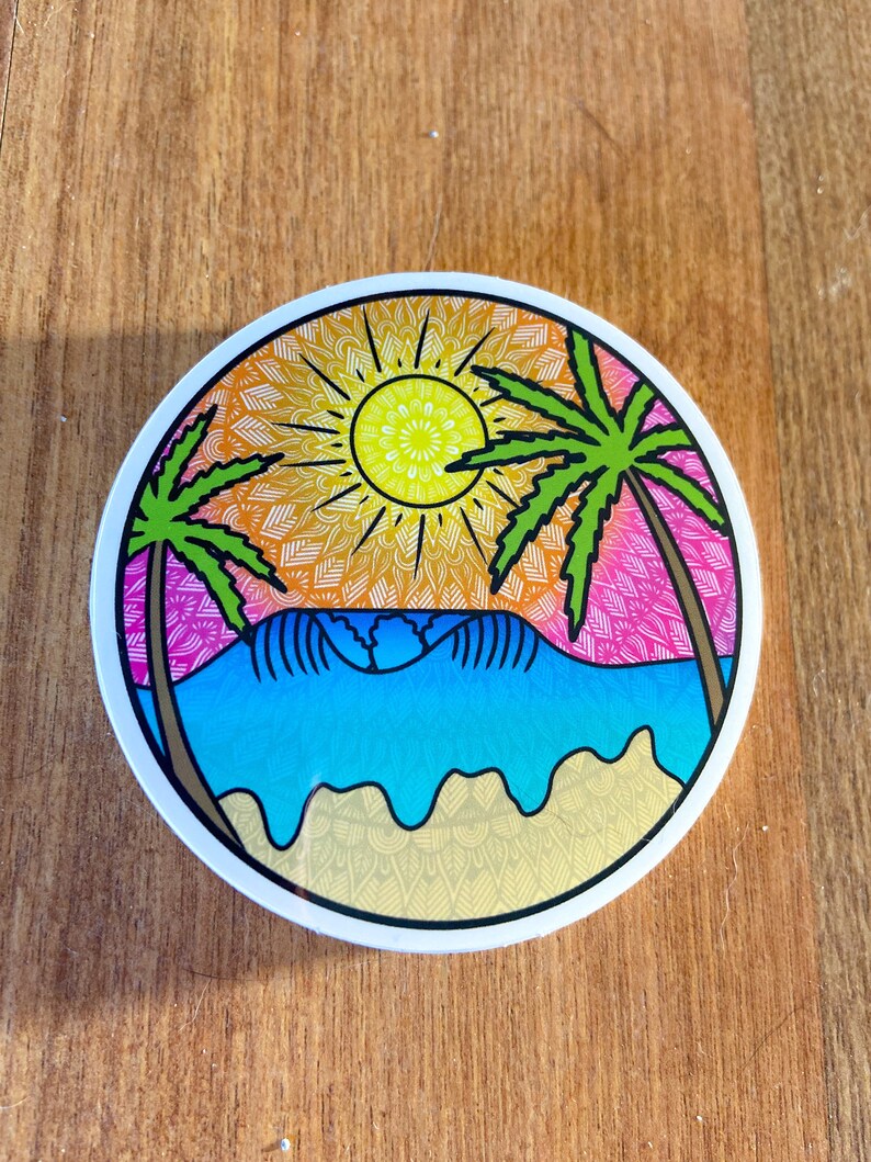 Crashing Wave Sticker With Palm Trees- Beach Zentangle Waterproof ...