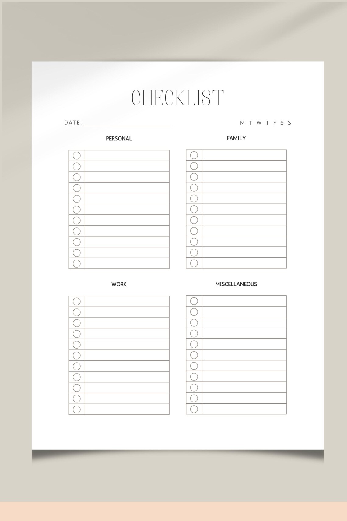 Printable Checklist Template Fillable to Do List Minimalist Log ...