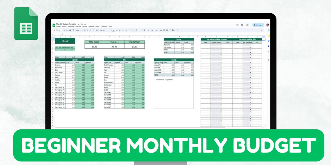 Easy-to-use Monthly Budget Tracker | One-tab Google Spreadsheet for ...
