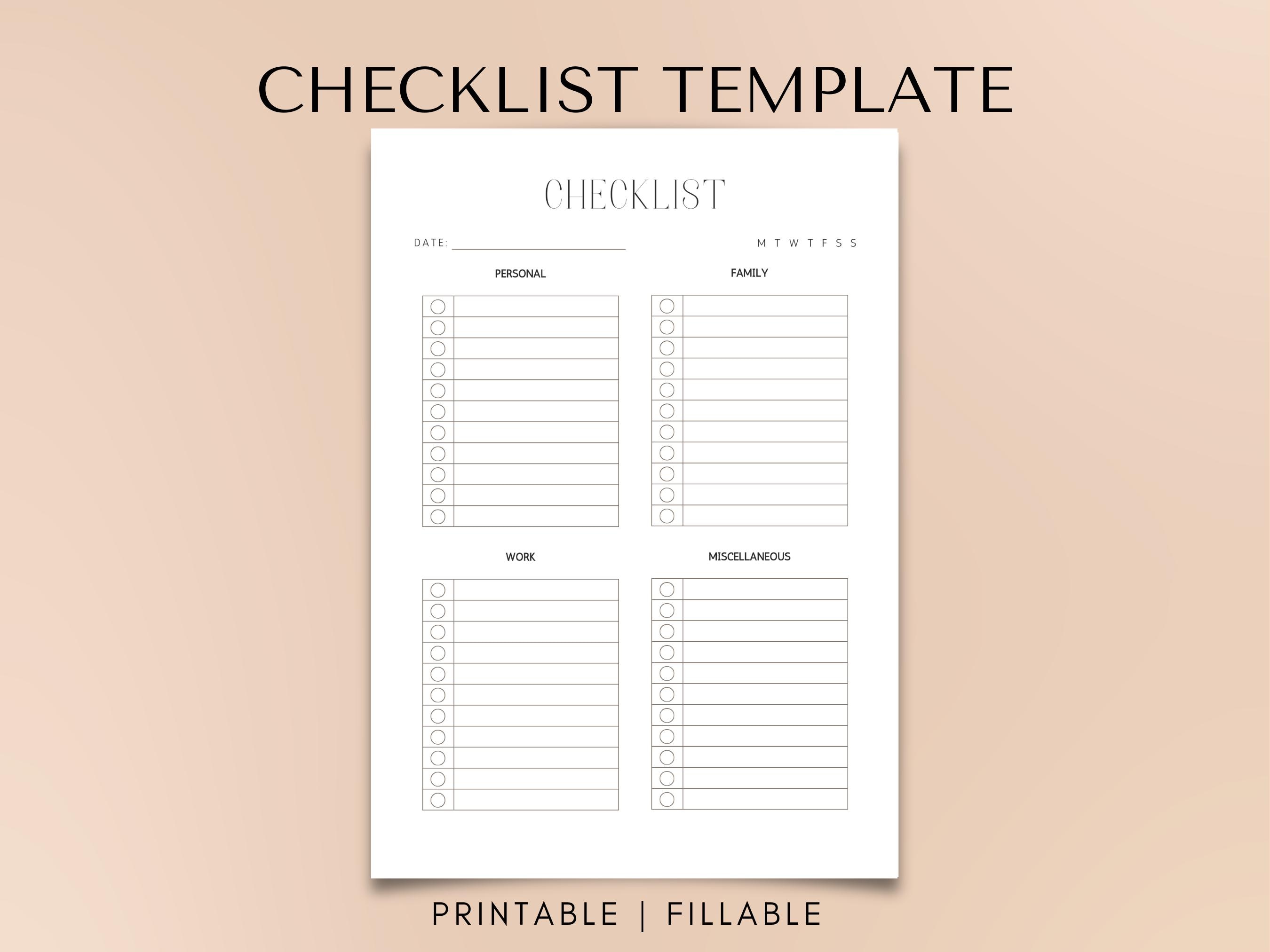Printable Checklist Template Fillable to Do List Minimalist Log ...