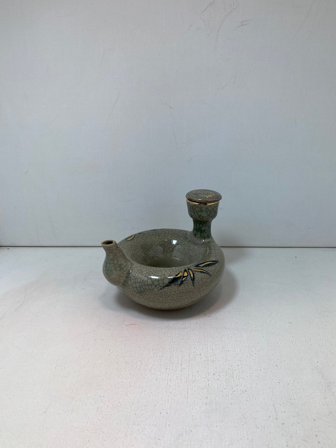 1960s Celadon Sake Flask Water Dropper Vintage Hand-painted Crane ...