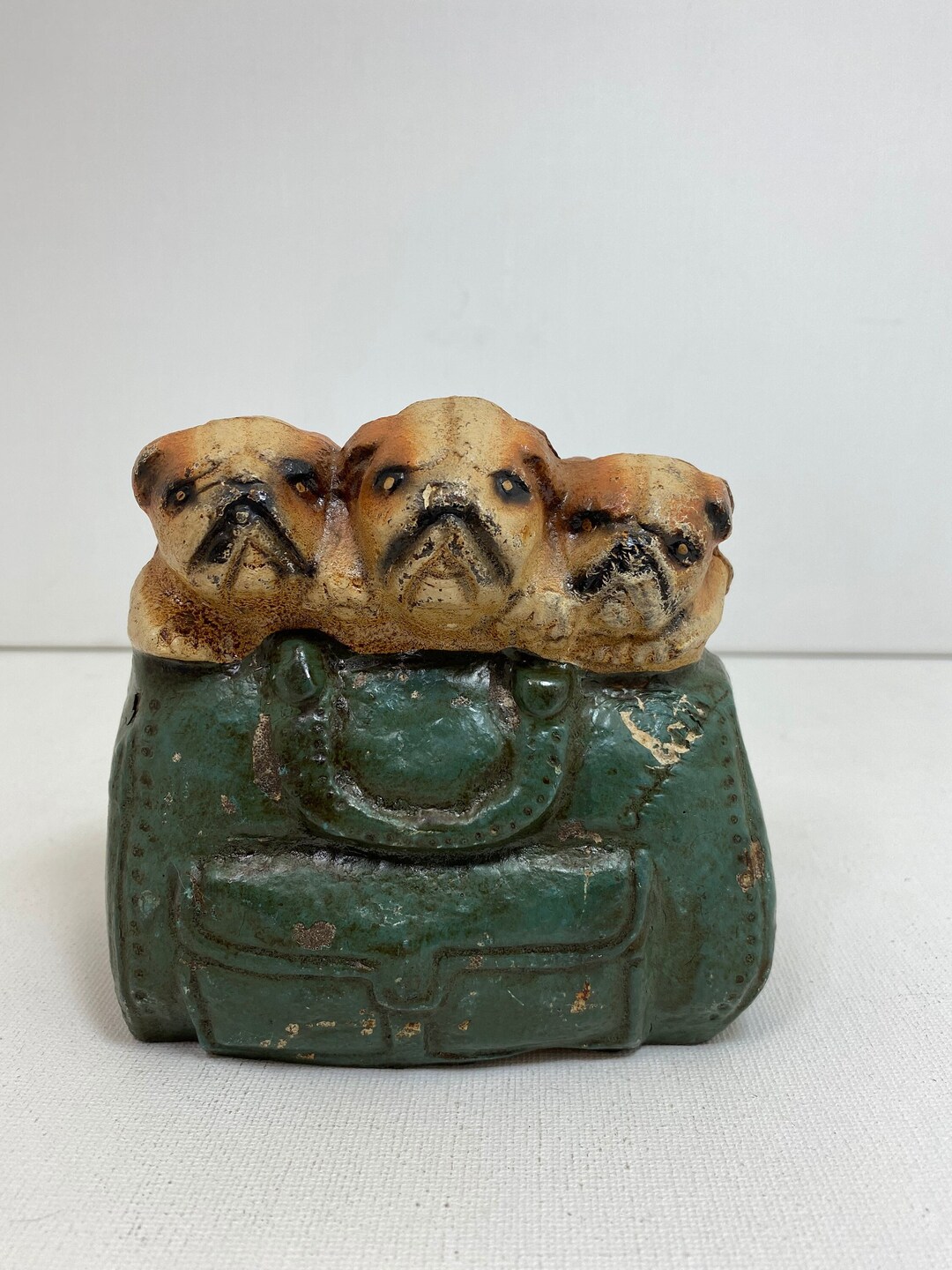 1930s Vintage Cast Iron Bulldog Bank Unique Bulldog Trio in Green Bag ...