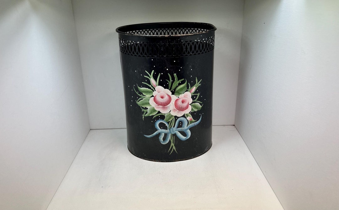 Vintage Wolff Hand-painted Trash Can With Floral Design 13 Tall Metal ...