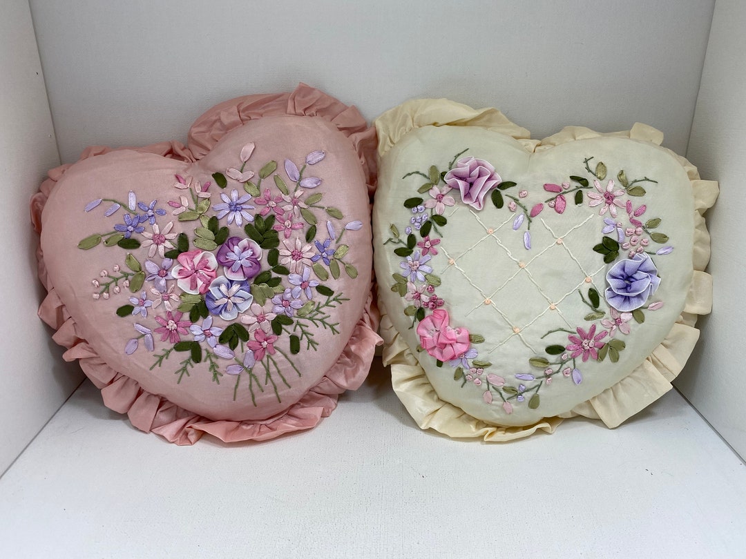 Romantic Ribbon Embroidery Heart Pillows - Vintage Floral Set - Etsy