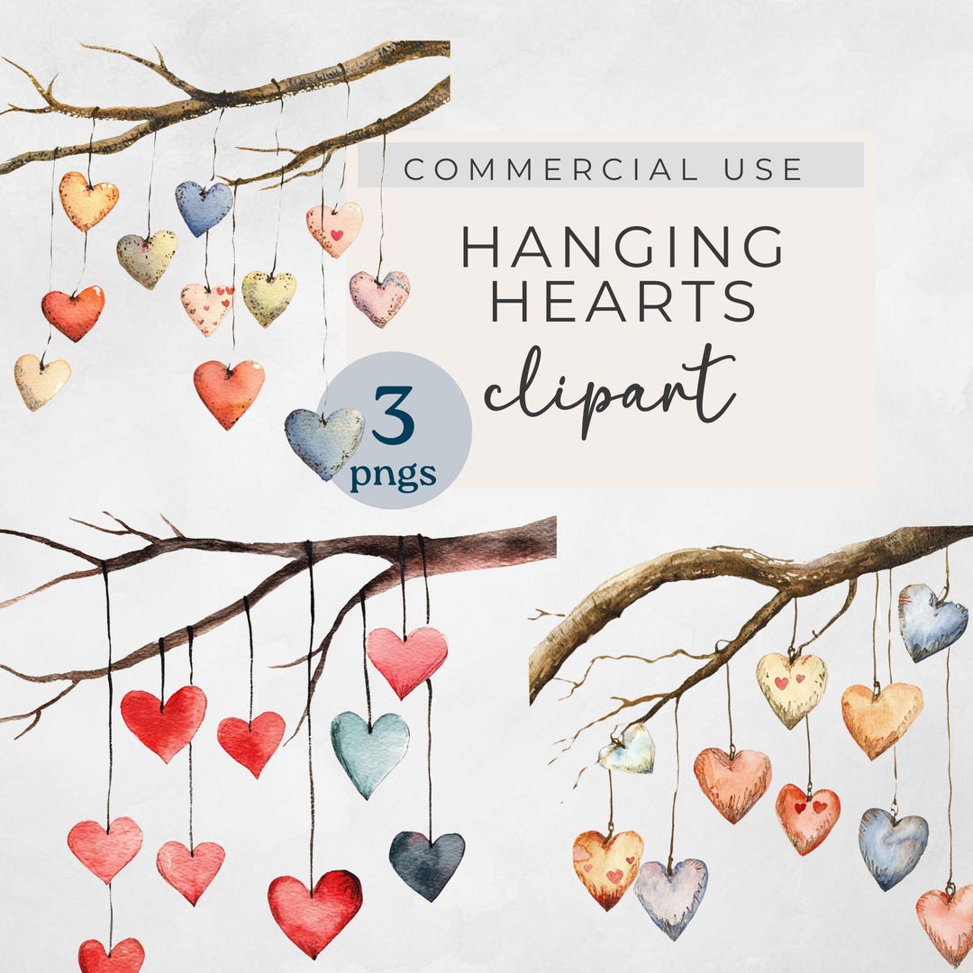 Hanging Hearts Clipart, Watercolor Valentine Pngs, Heart Images ...