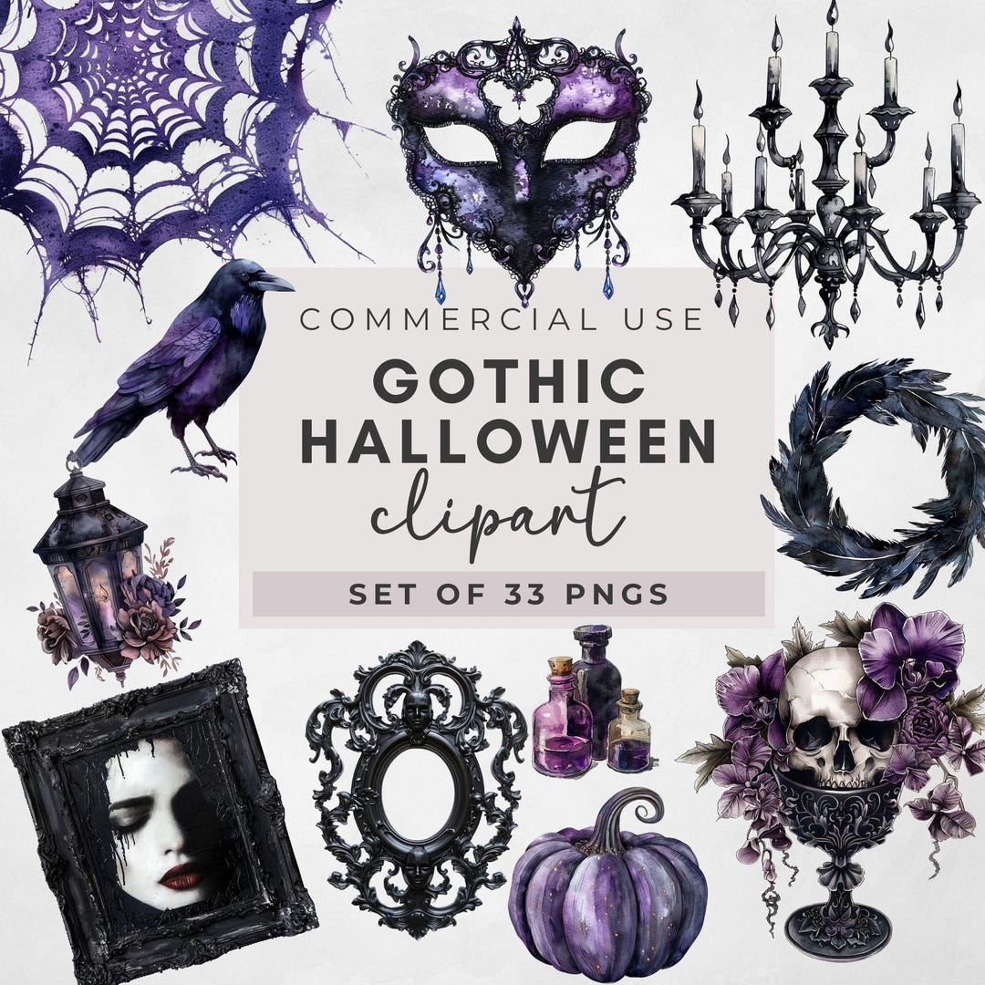 Gothic Clipart Pack, Dark Academia Pngs, Purple and Black Ephemera Png, Watercolor Floral Skull ...