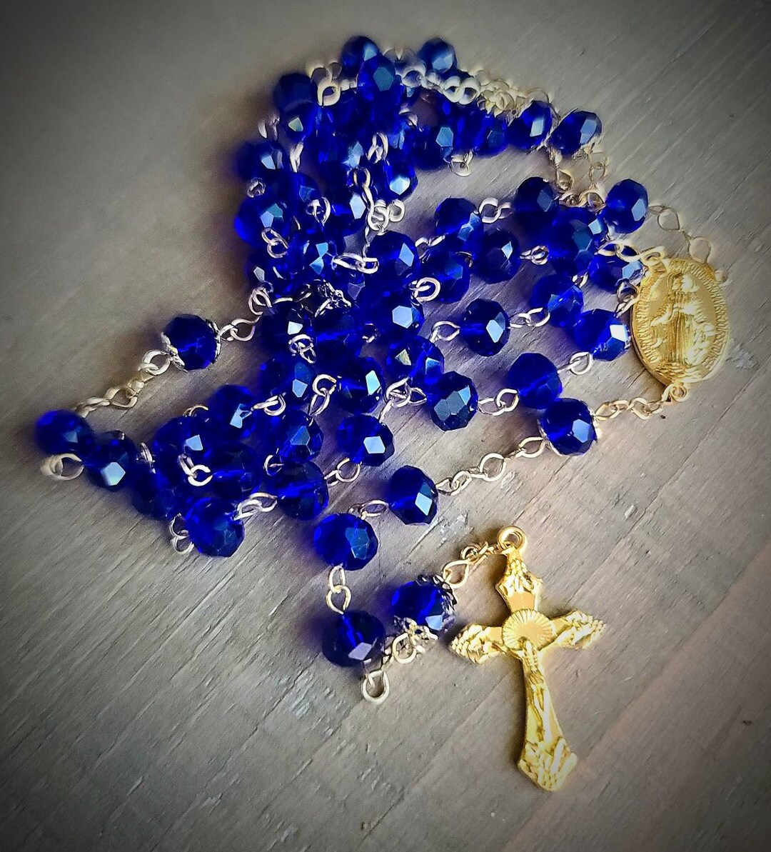 Stunning Vibrant Cobalt Blue and Yellow Gold-tone Catholic Rosary ...