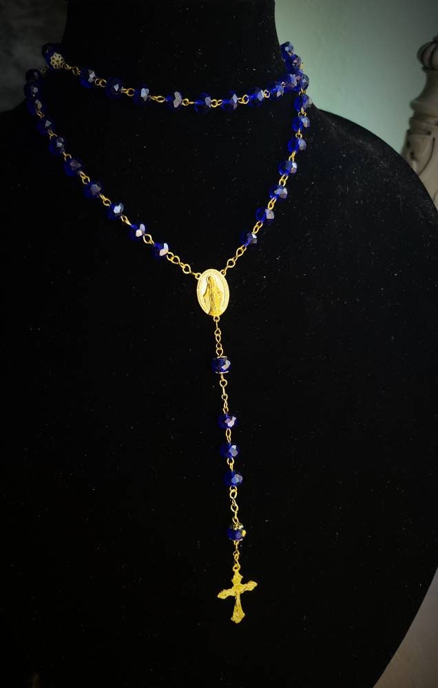 Stunning Vibrant Cobalt Blue and Yellow Gold-tone Catholic Rosary ...