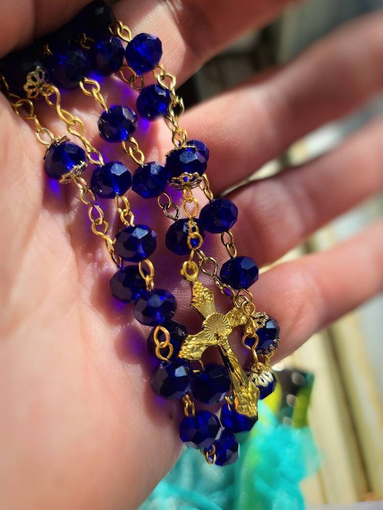 Stunning Vibrant Cobalt Blue and Yellow Gold-tone Catholic Rosary ...