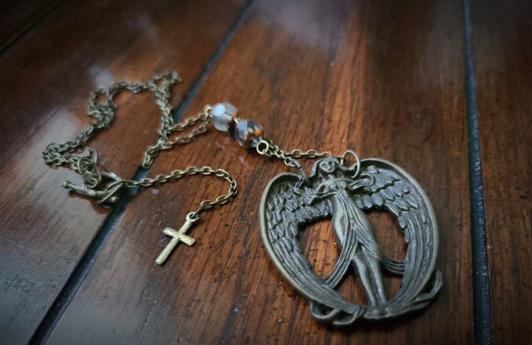 Bronze Angel Pendant Necklace With Faceted Glass Beads and a Cross ...