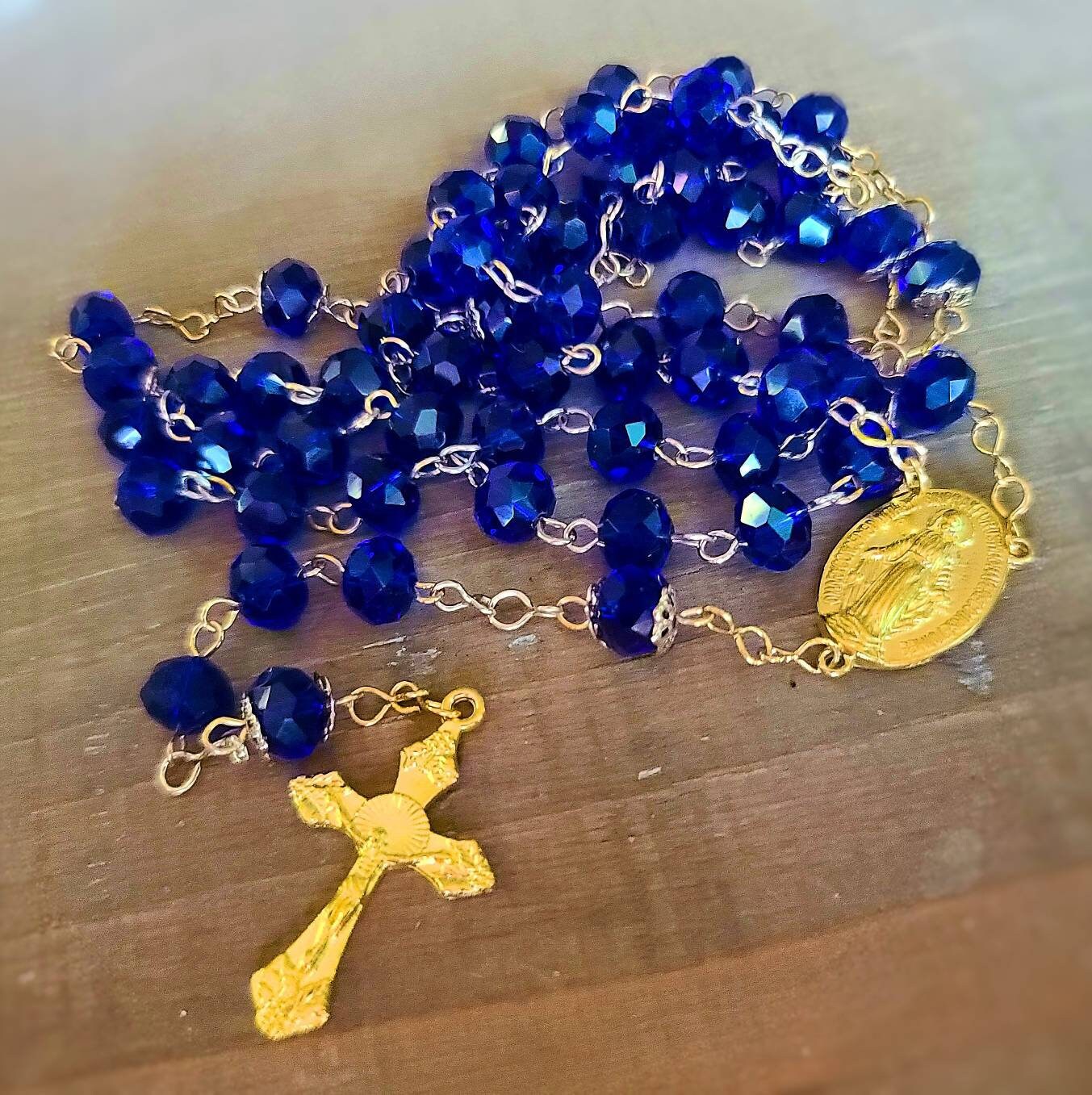 Stunning Vibrant Cobalt Blue and Yellow Gold-tone Catholic Rosary ...