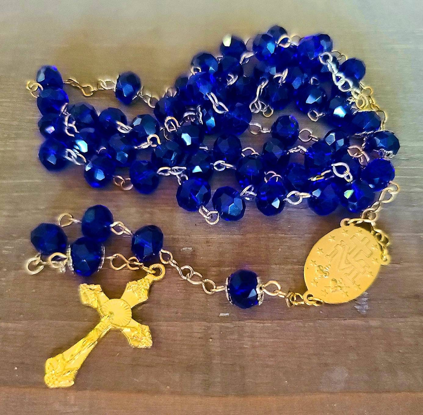 Stunning Vibrant Cobalt Blue and Yellow Gold-tone Catholic Rosary ...
