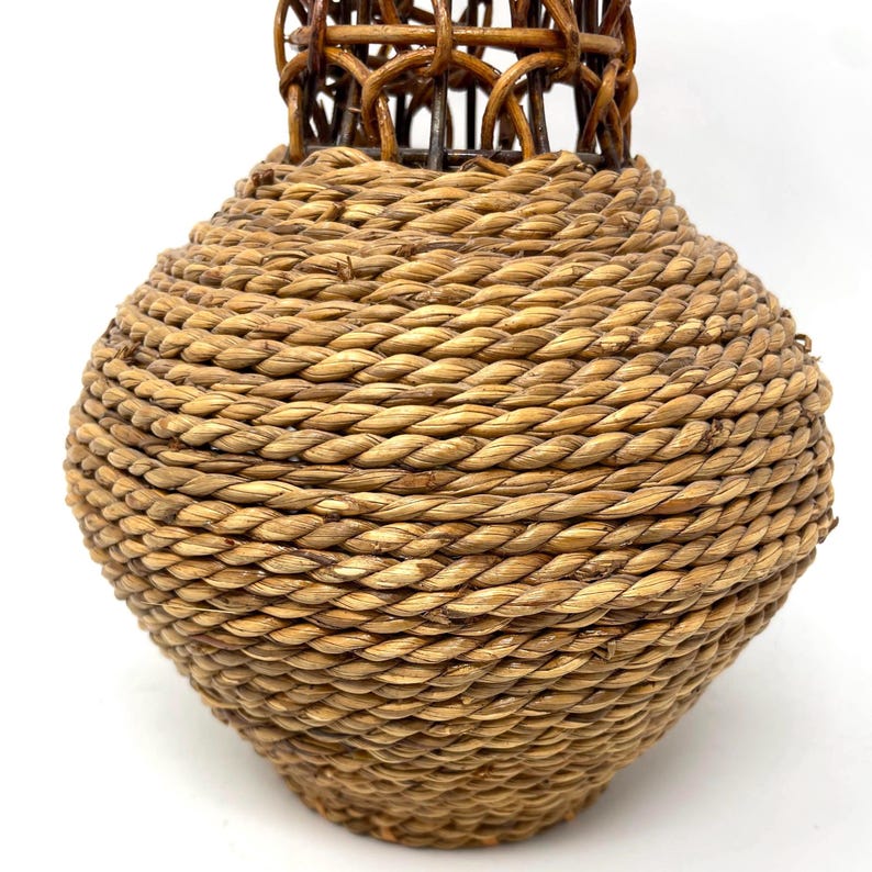 Vintage MCM Woven Wicker Vase: 12" Tall Handwoven Rope and Reed - Etsy