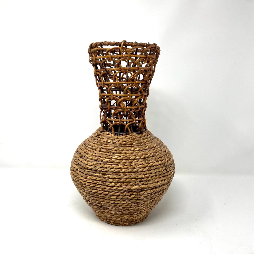 Vintage MCM Woven Wicker Vase: 12" Tall Handwoven Rope and Reed - Etsy