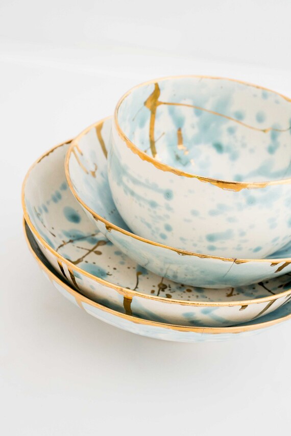 Blue Ceramic Dinnerware Set 5 Pieces - Etsy