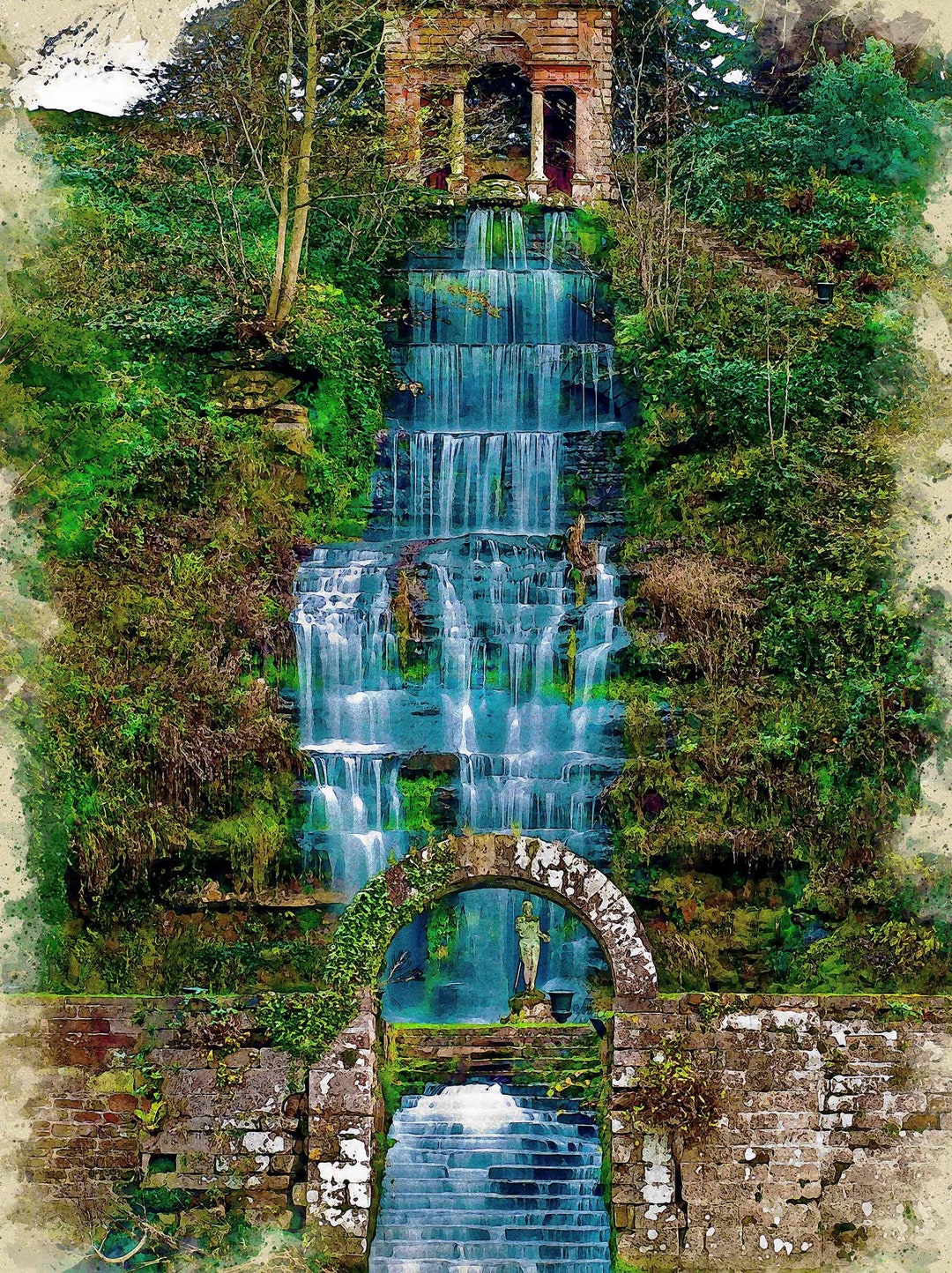 Corby Castle Falls 1 Britannia Series cumbria Watercolor Illustration ...