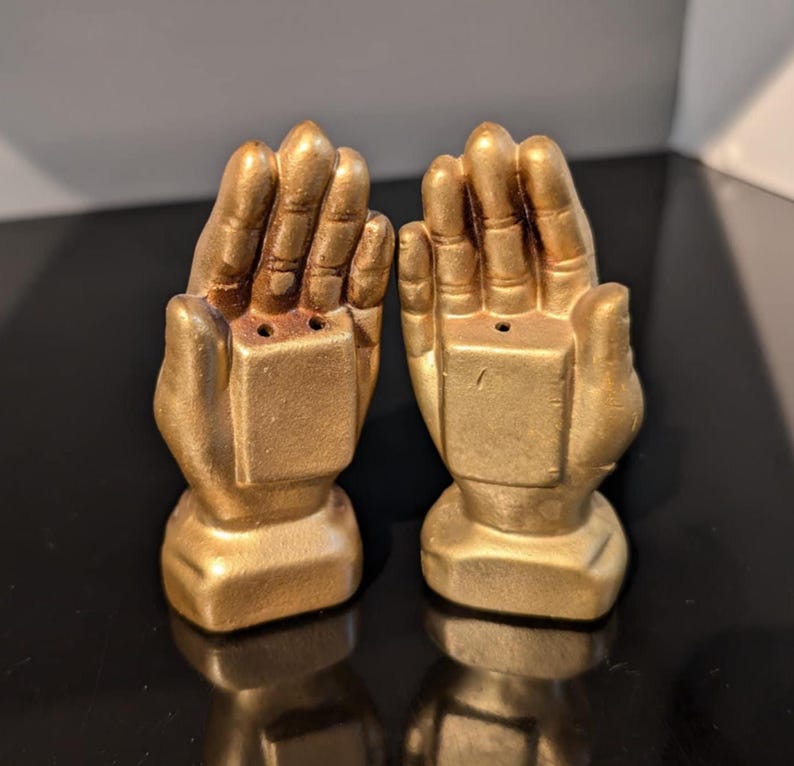 Vintage Praying Hands Salt & Pepper Shakers: Gold Ceramic, 1960s Japan ...