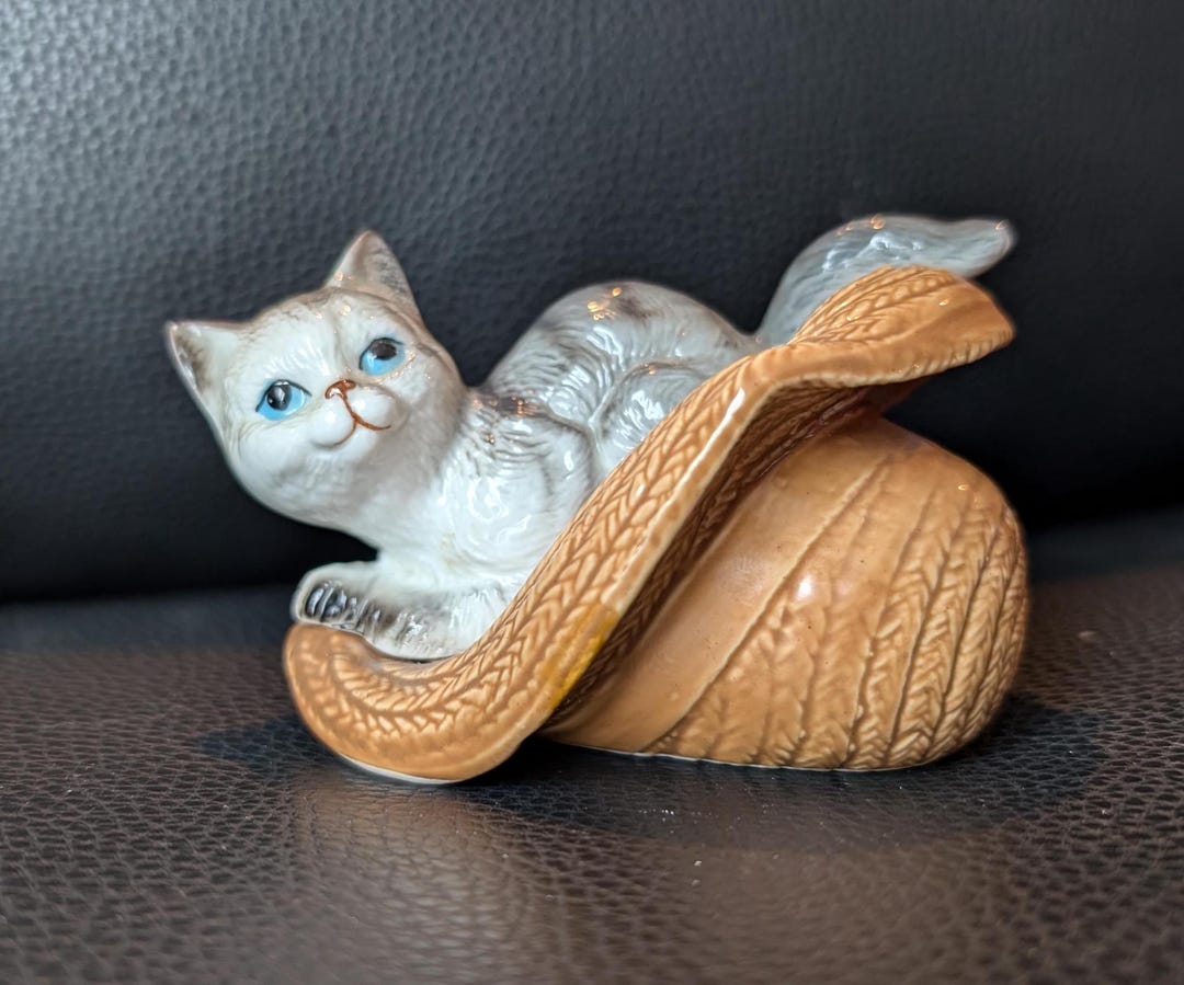 Vintage China Cat - Gray Tabby Cat in Hat - Collectible Cat Figurine ...
