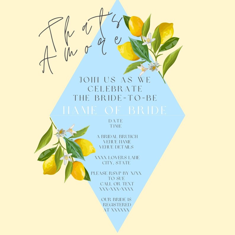 Bridal Shower Lemon & Blue Digital Download Invite - Etsy
