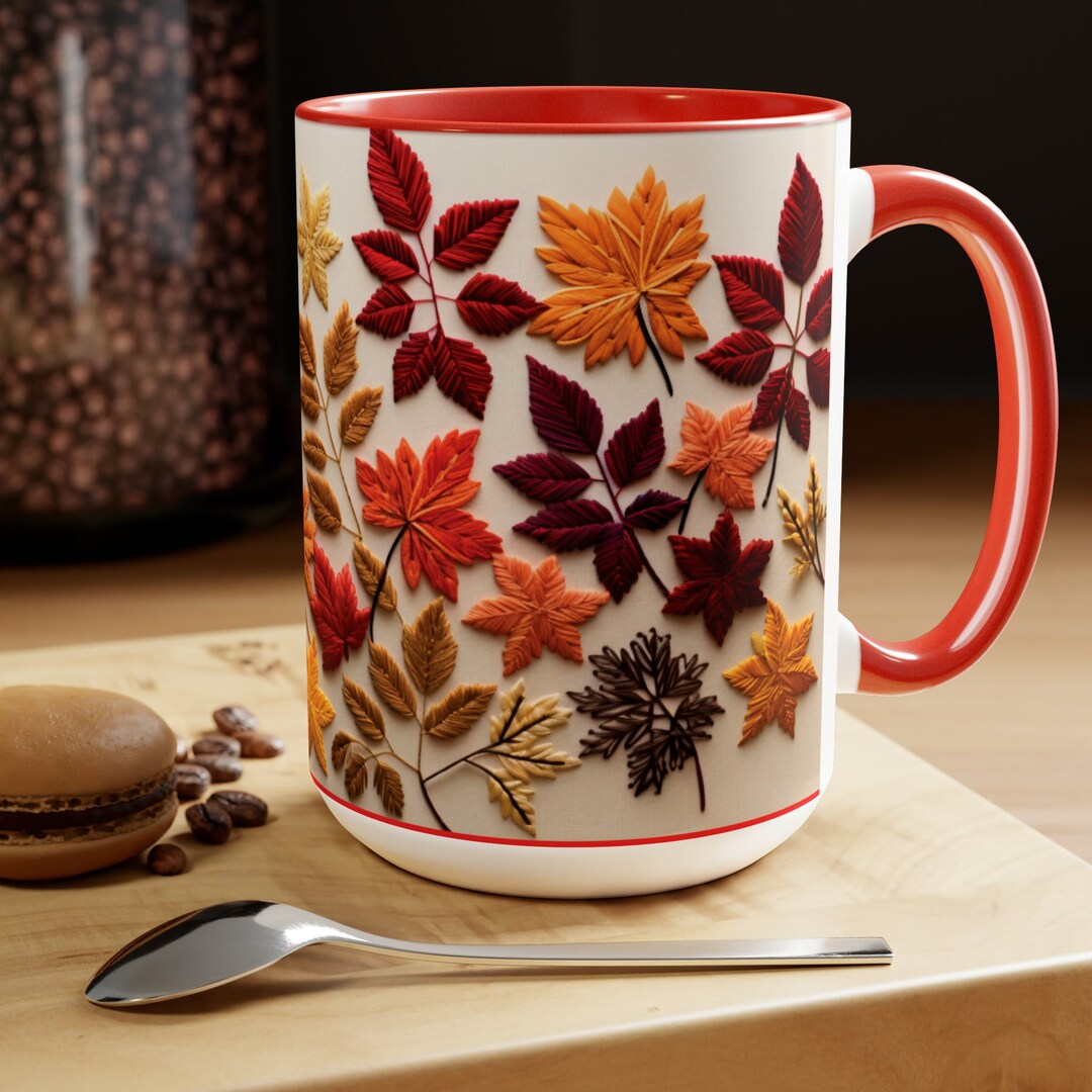 15oz Fall Leaf Mug, Autumn Mug, Embroidered Autumn Leaves, Coffee Mug ...