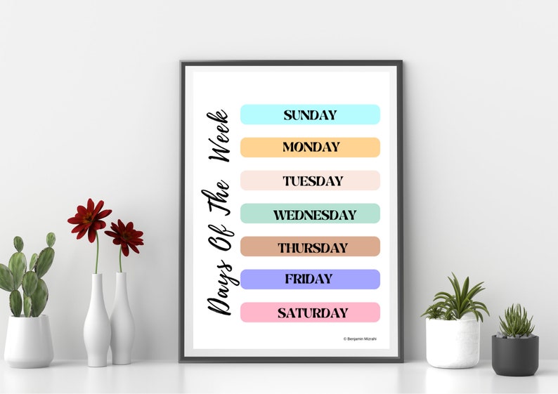 Days of the Week Poster, Rainbow Colors, Kids Classroom Decor (digital ...