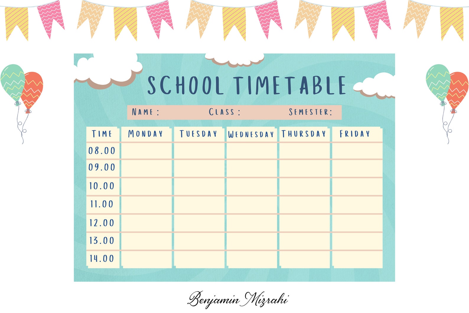 Editable School Timetable for Kids | Cloud Theme | Printable School ...