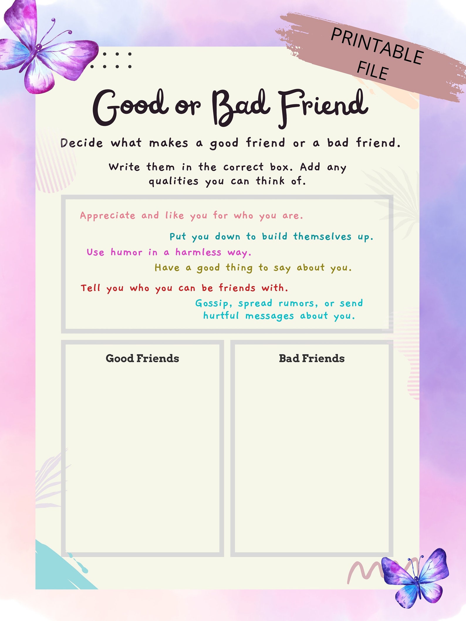Good Vs Bad Friends Poster - PRINTABLE Emotional Learning Social Skills ...