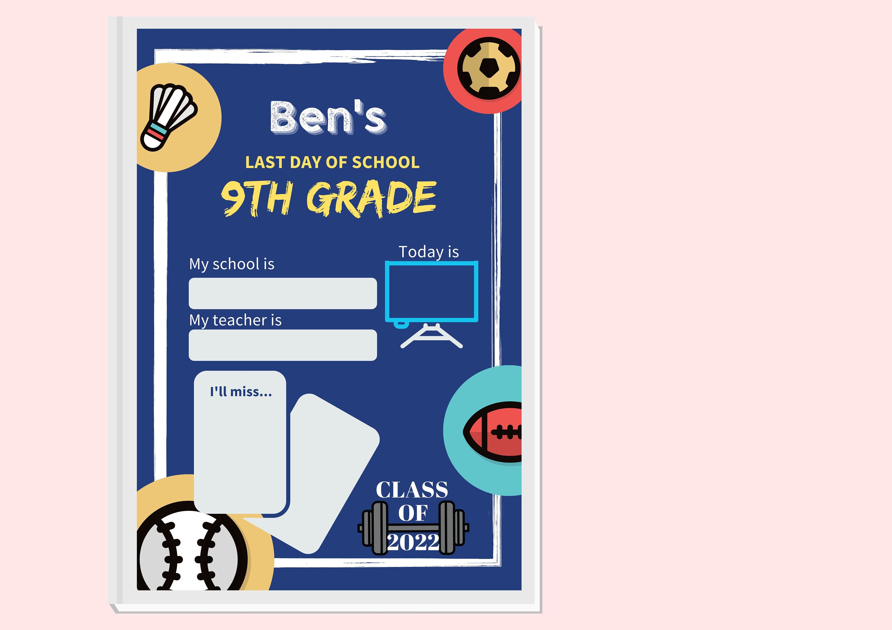 Editable First or Last Day of School 9th Grade Boy or Girl Cute ...