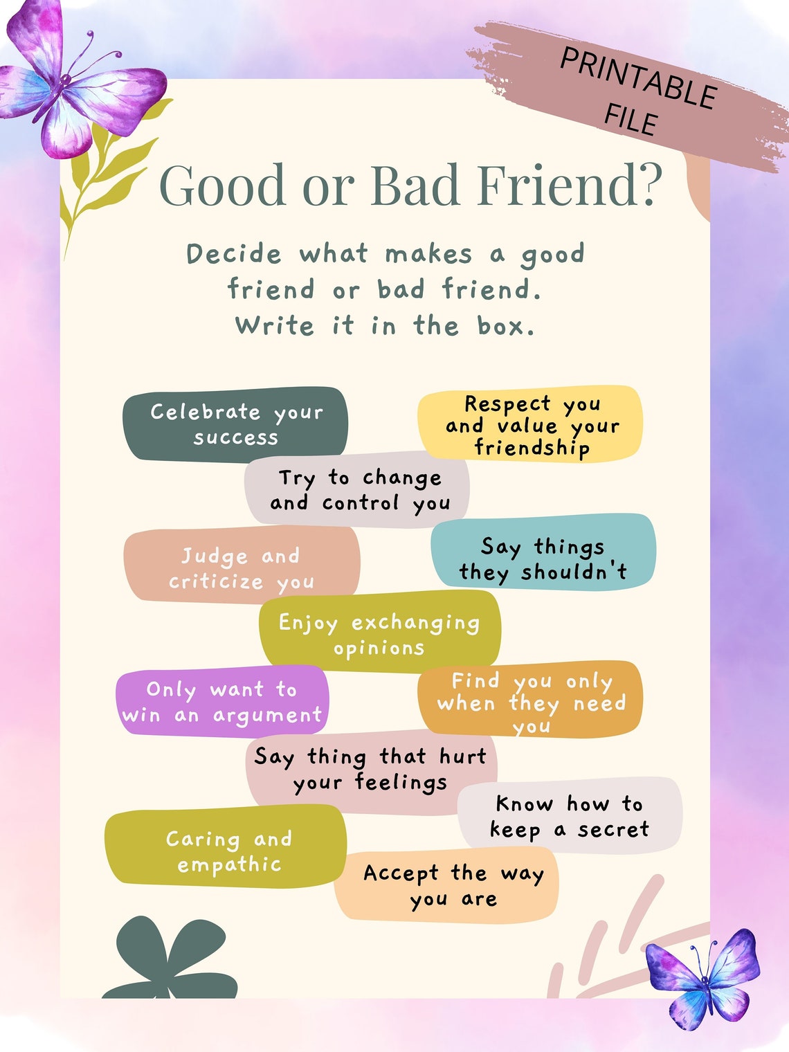 Good Vs Bad Friends Poster - PRINTABLE Social Emotional Learning Skills ...