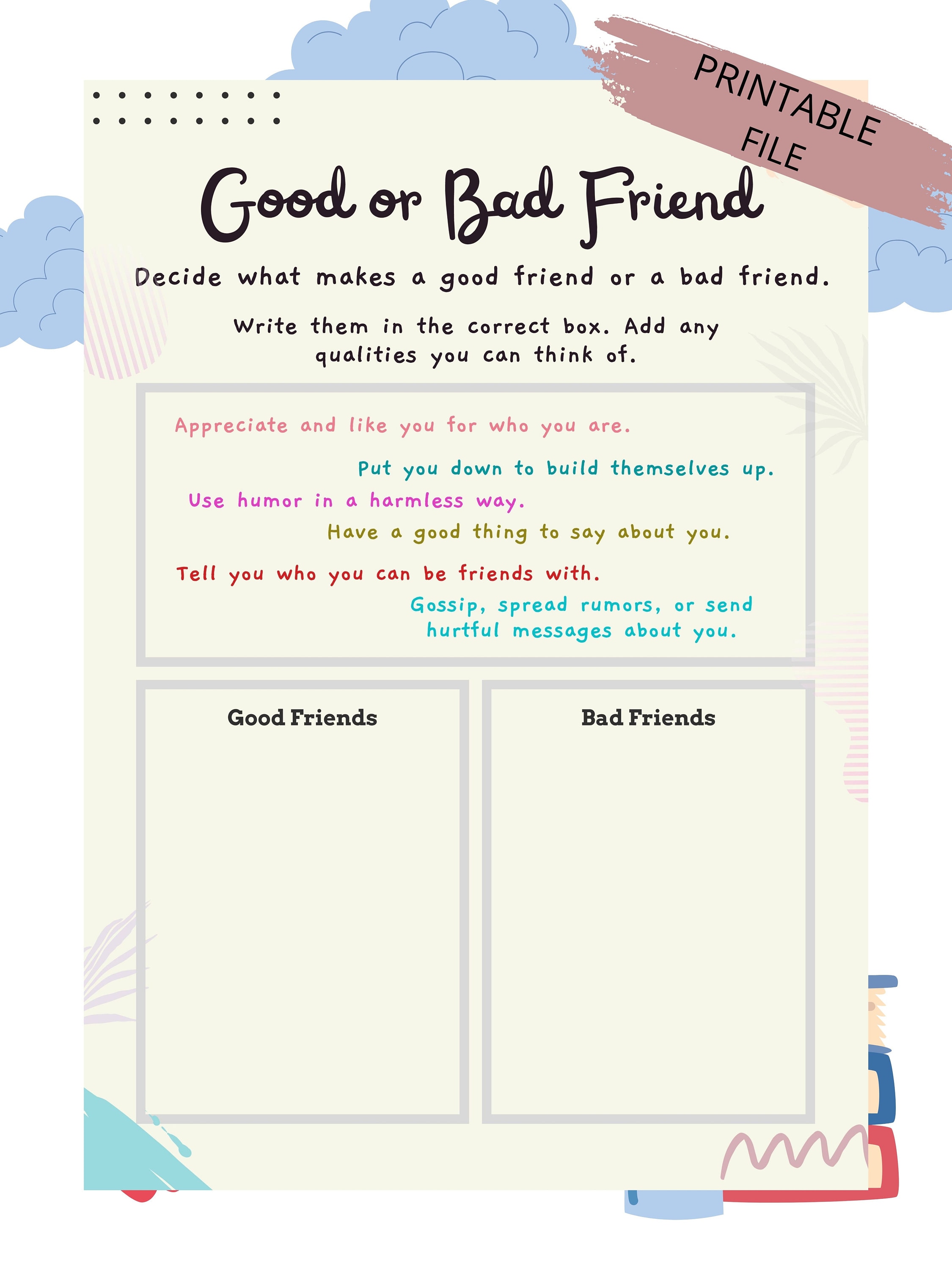 Good Vs Bad Friends Poster - PRINTABLE Emotional Learning Social Skills ...