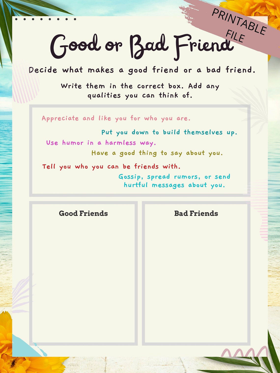 Good Vs Bad Friends Poster - PRINTABLE Emotional Learning Social Skills ...