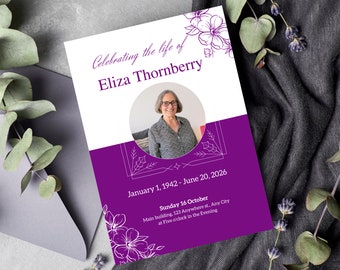 Editable Purple Funeral Program Template Funeral Memorial Celebration ...