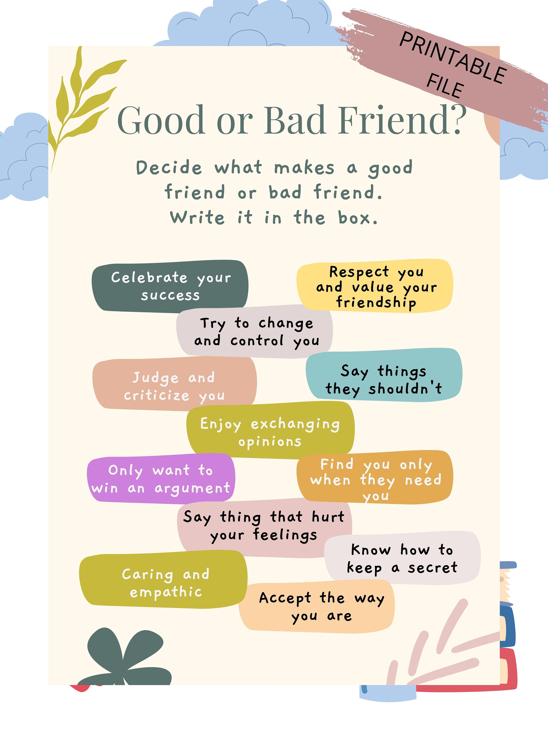 Good Vs Bad Friends Poster - PRINTABLE Social Emotional Learning Skills ...