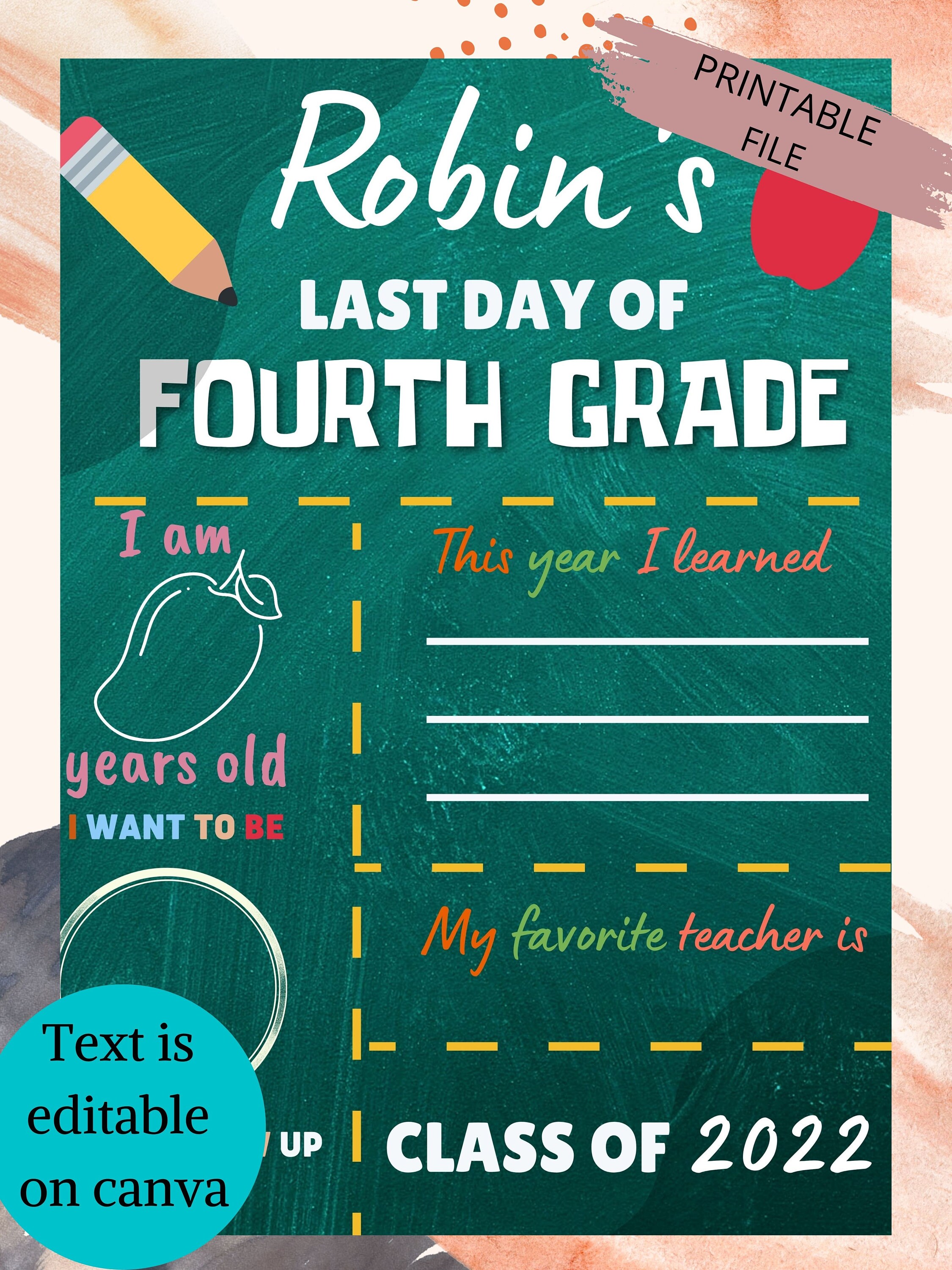 Editable First or Last Day of Fourth Grade Sign - 4th Grade Sign for ...
