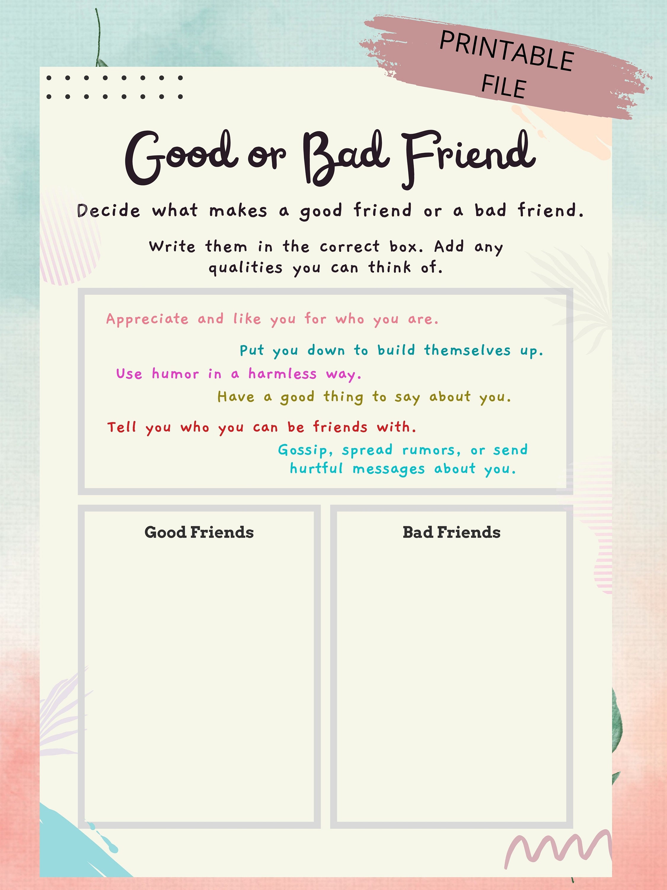 Good Vs Bad Friends Poster - PRINTABLE Emotional Learning Social Skills ...
