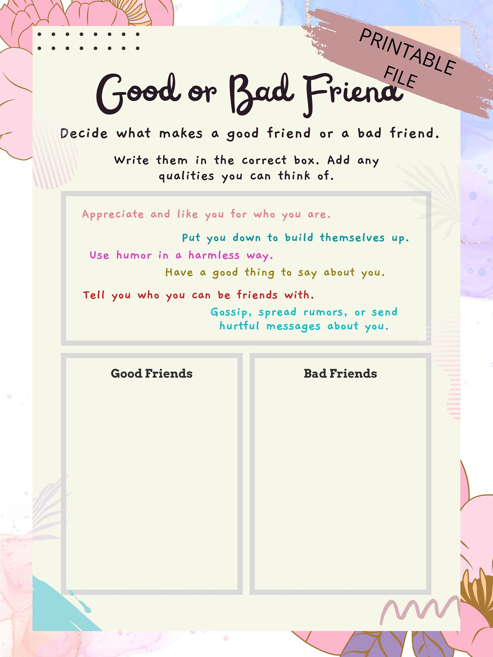 Good Vs Bad Friends Poster - PRINTABLE Emotional Learning Social Skills ...