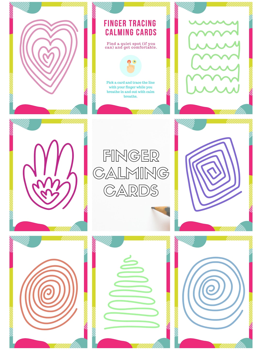 Finger Tracing Calming Cards, Printable Mindfulness Flash Cards, Calm ...