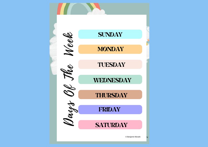 Days of the Week Poster, Rainbow Colors, Kids Classroom Decor (digital ...