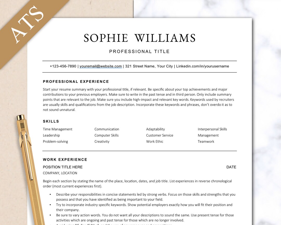 ATS Friendly Resume Template, Professional, Microsoft Word, Google Docs ...