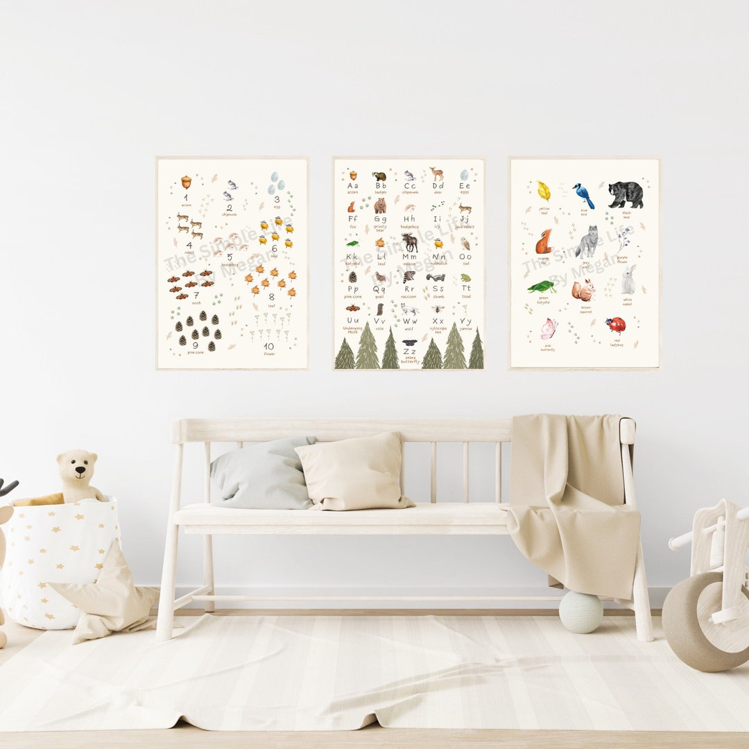 Woodland Alphabet Number Chart Primary Colors 3 Piece Wall Art ...