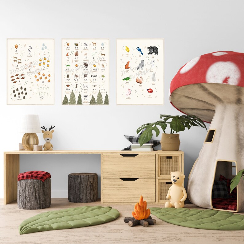 Woodland Alphabet Number Chart Primary Colors 3 Piece Wall Art - Etsy