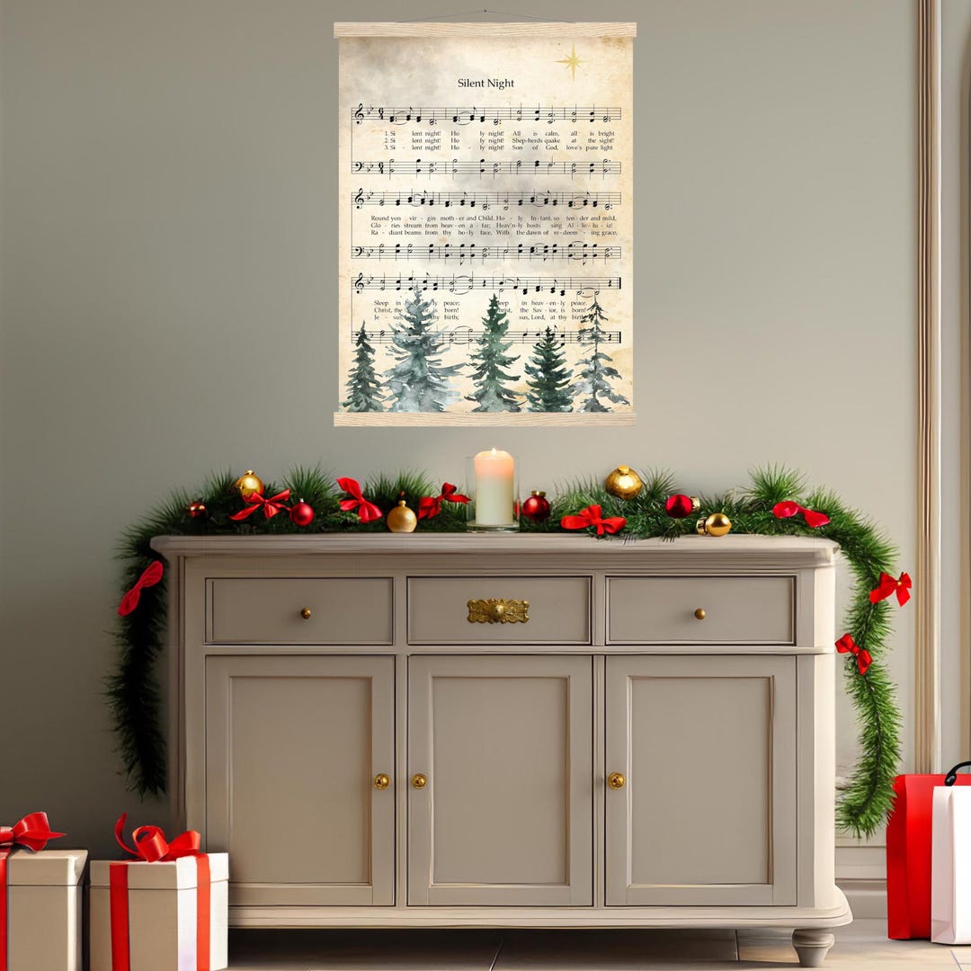 Silent Night Print: Vintage Christmas Hymn, Nativity Art With Wood ...