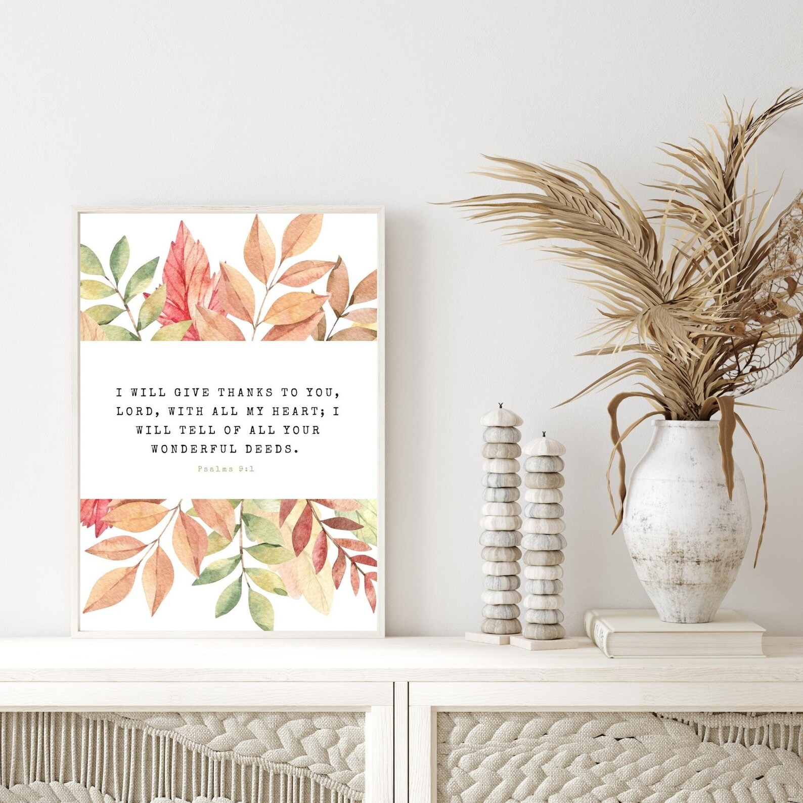 Fall Leaf Scripture Art Print | Thanksgiving Psalm 9:1 (digital ...